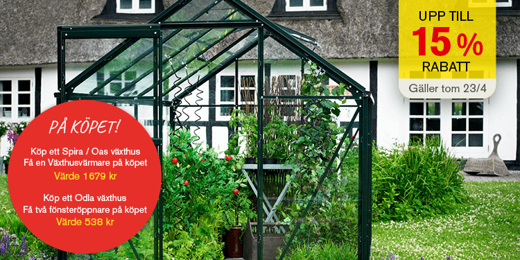 Växthus i olika storlekar finns hos Skånska Byggvaror